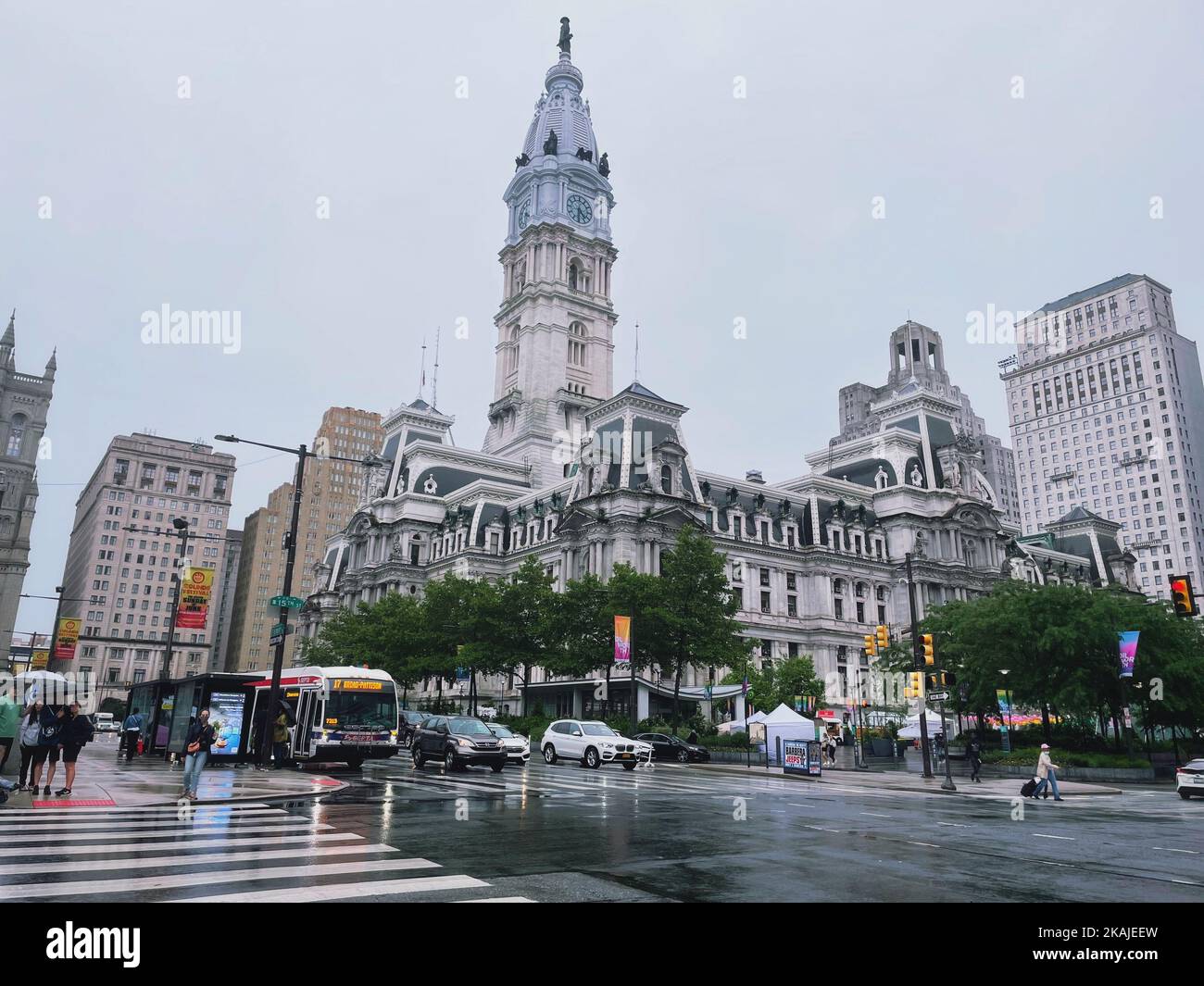 A rainy day in downtown Philadelphia with a park surrounded by ...