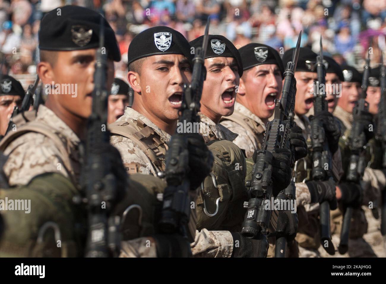 Chilean troops march during the military parade. Chilean President ...
