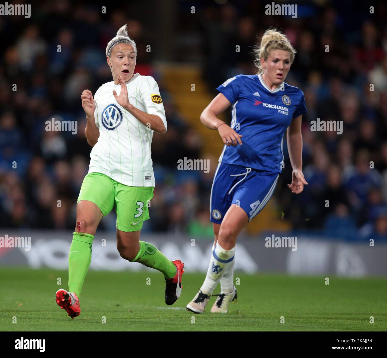 L-R Zsanett Jakabfi of Vfl Wolfsburg and Chelsea Ladies Millie Bright ...