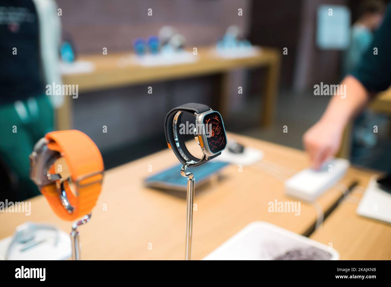 Paris, France - Oct 28, 2022: Presentation inside Apple store of the ...