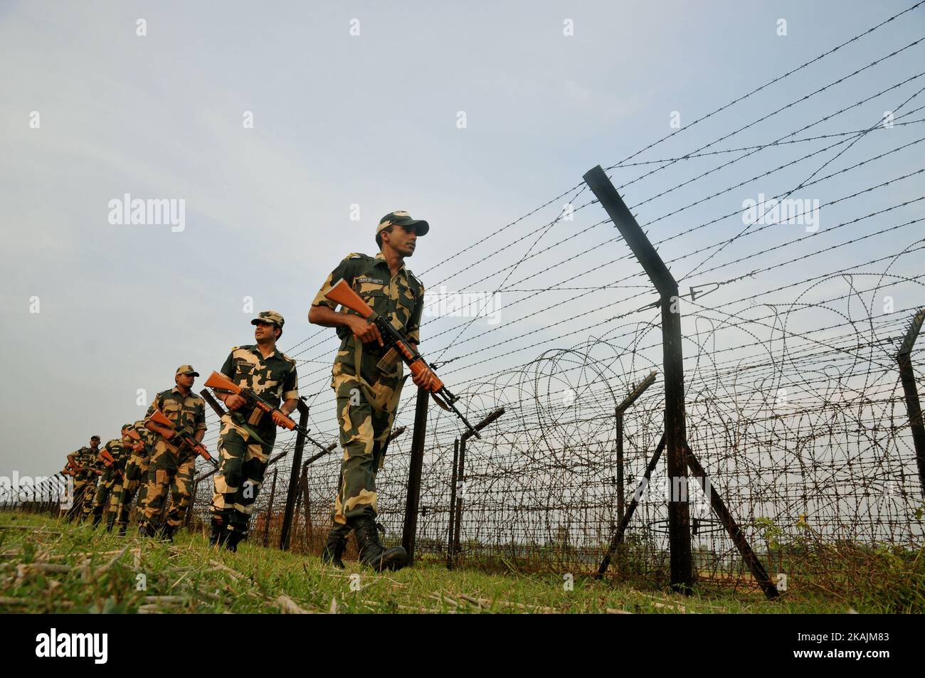 Indian Border Security Force (BSF) soldiers patrolling at the near ...