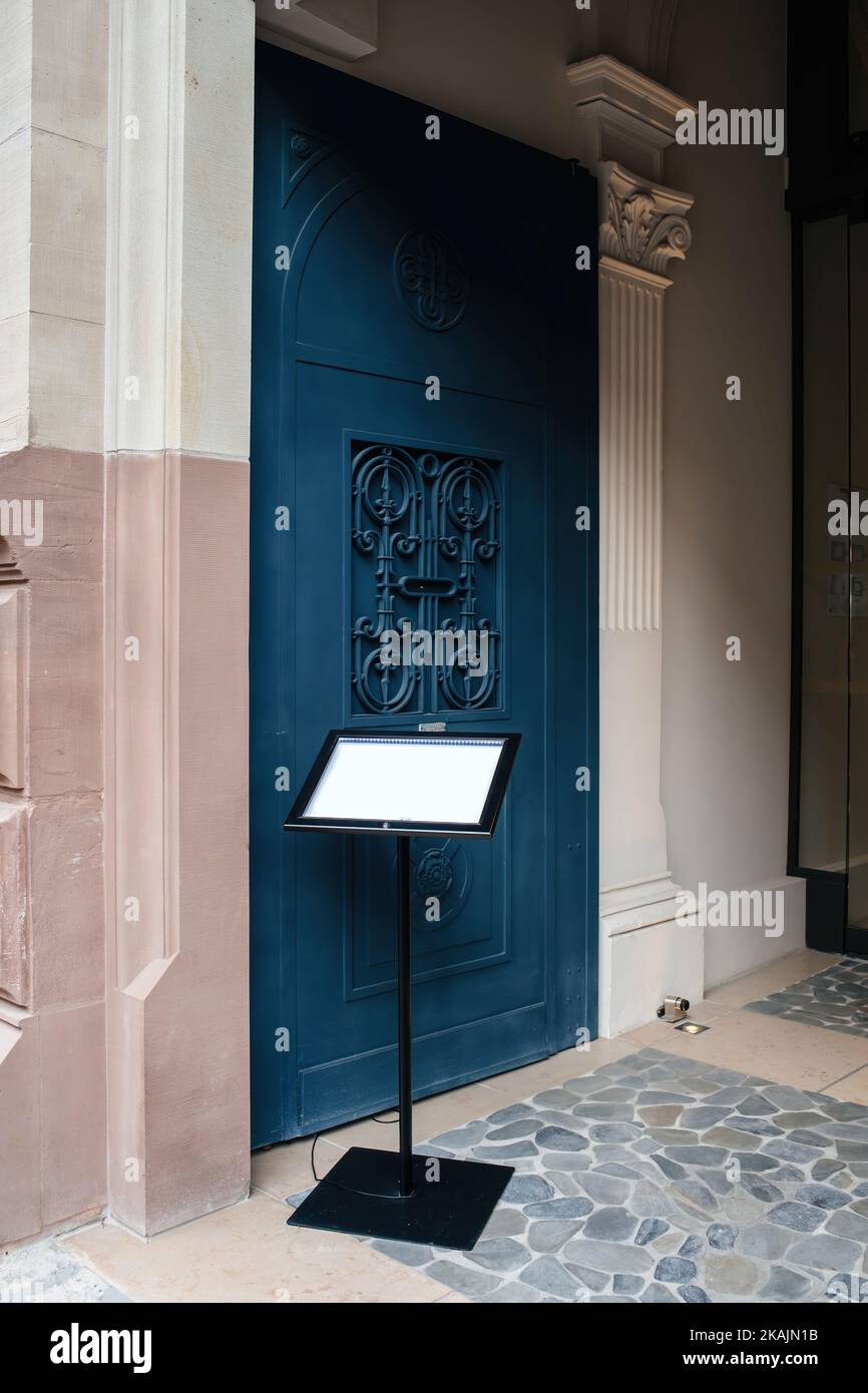 Steel welcome entrance on front of blue luxury blue door - entrance to ...