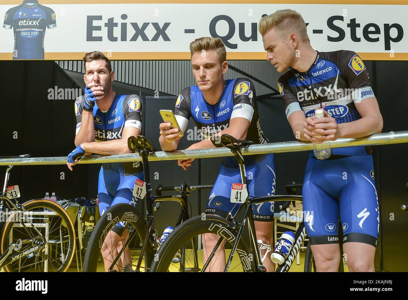 (L-R) Fabio Sabatini, Marcel Kottel and Julien Vermote from Etixx Quick Step Team, ahead of the ...
