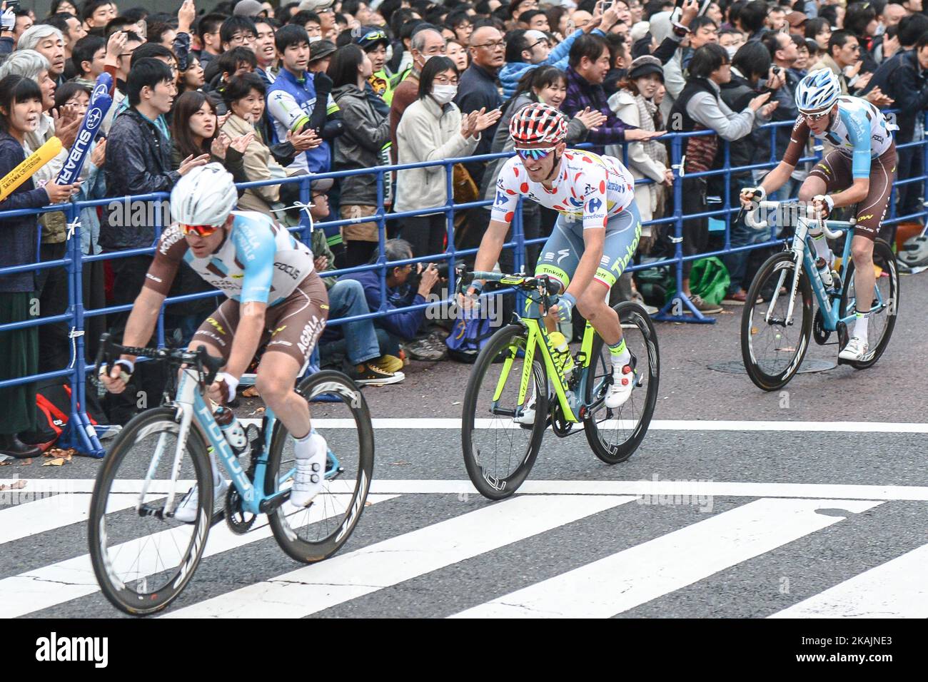 Rafal Majka (Center) from Team Tinkoff, controles the pelton during the ...