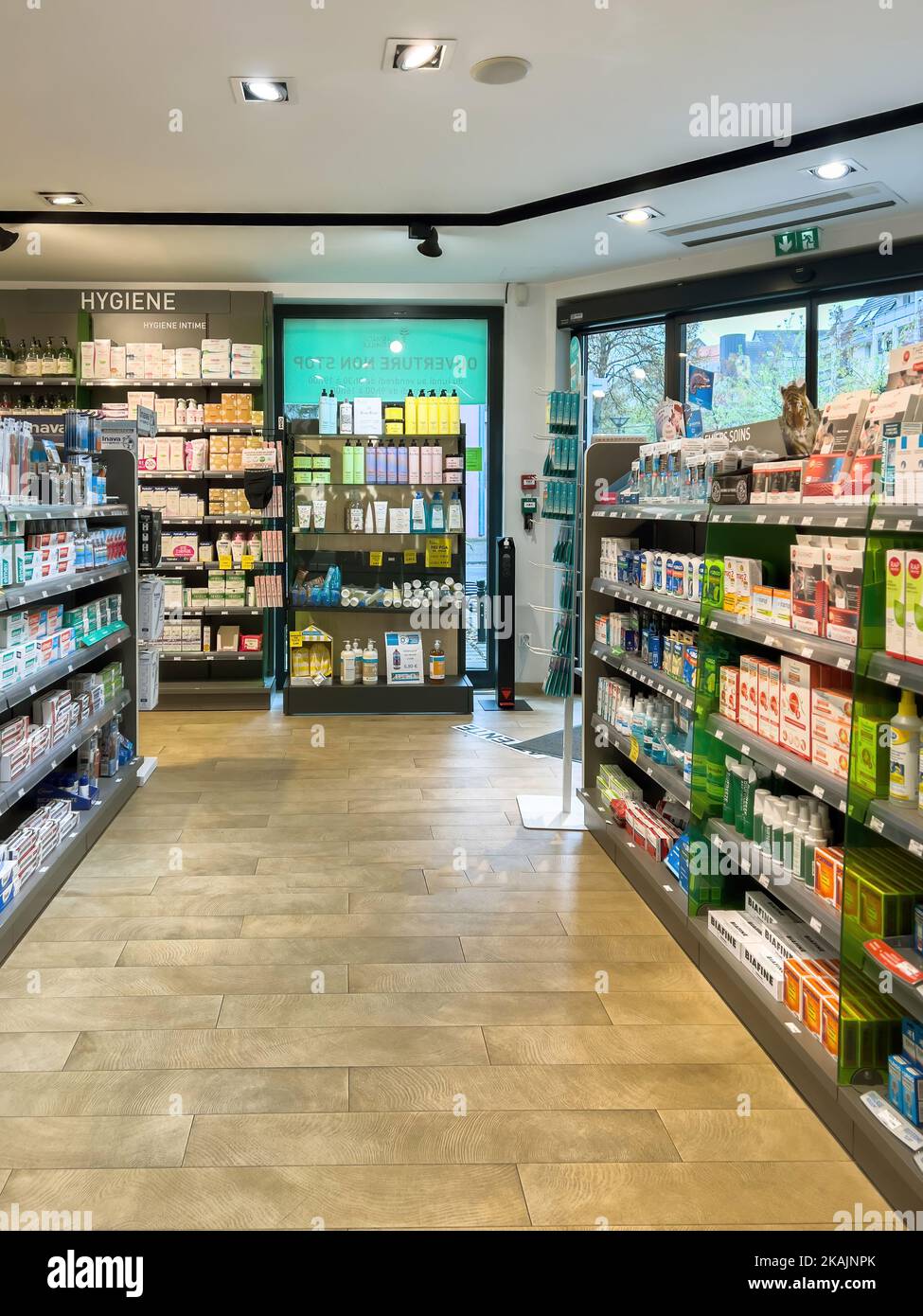 Paris, France - Oct 20, 2021: Wide view over modern French drug store ...