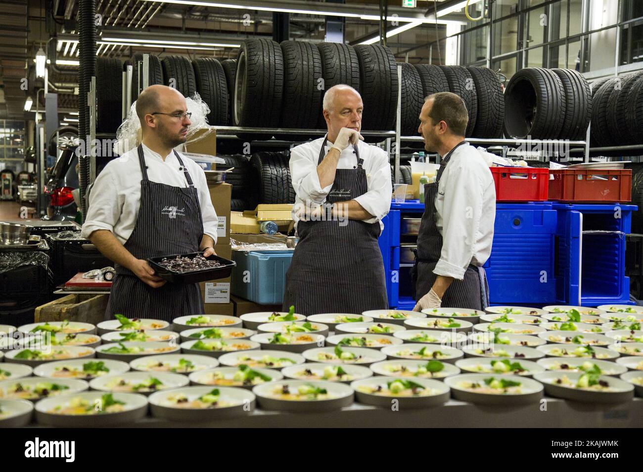 Chefs are pictured during the preparation of the gala dinner organized ...