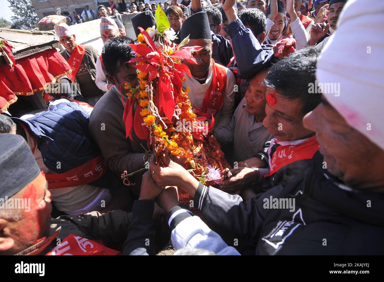 Nepalese devotees carrying idol Goddess Indrayani towards chariot ...