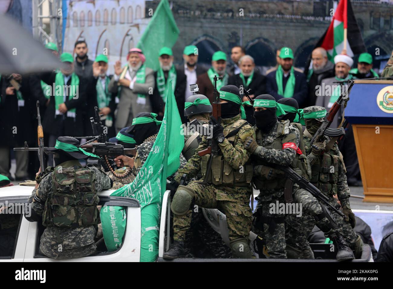 Palestinian militants take part in a rally marking the 29th anniversary ...
