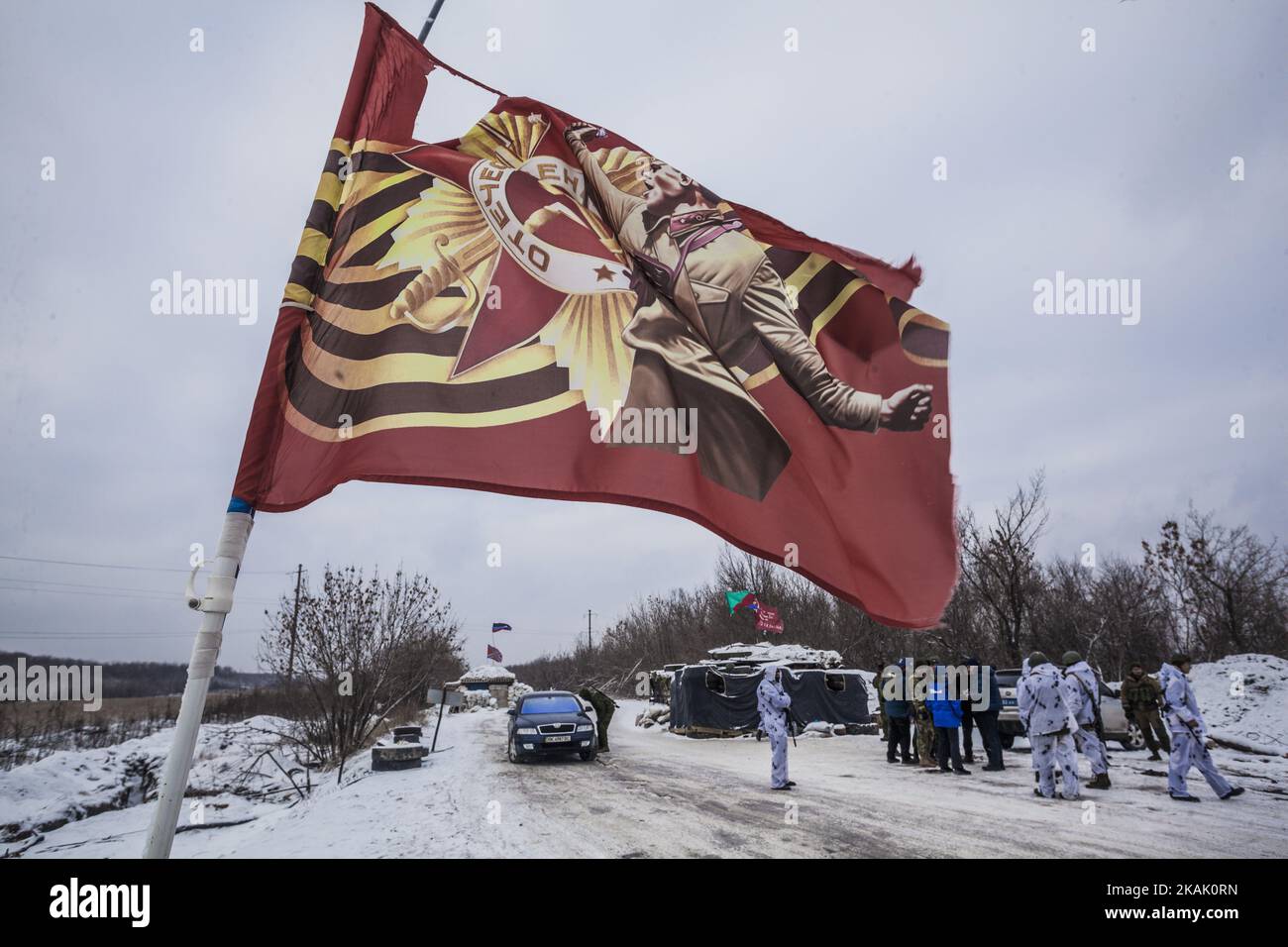 Russian symbols flag at the Donetsk PeopleÂ´s Republic border ...