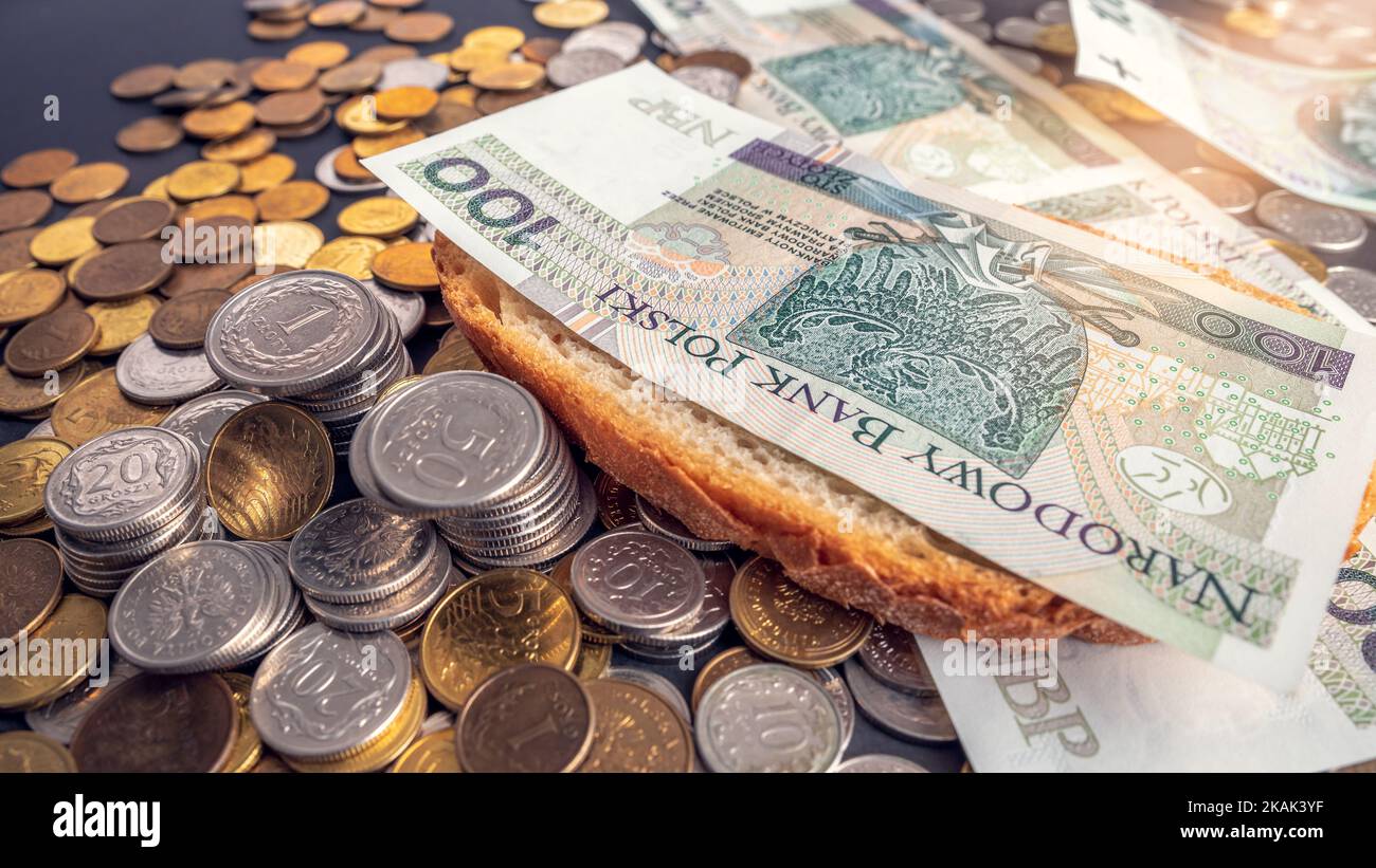 PLN 100 banknote placed on a slice of bread. Difficult financial ...