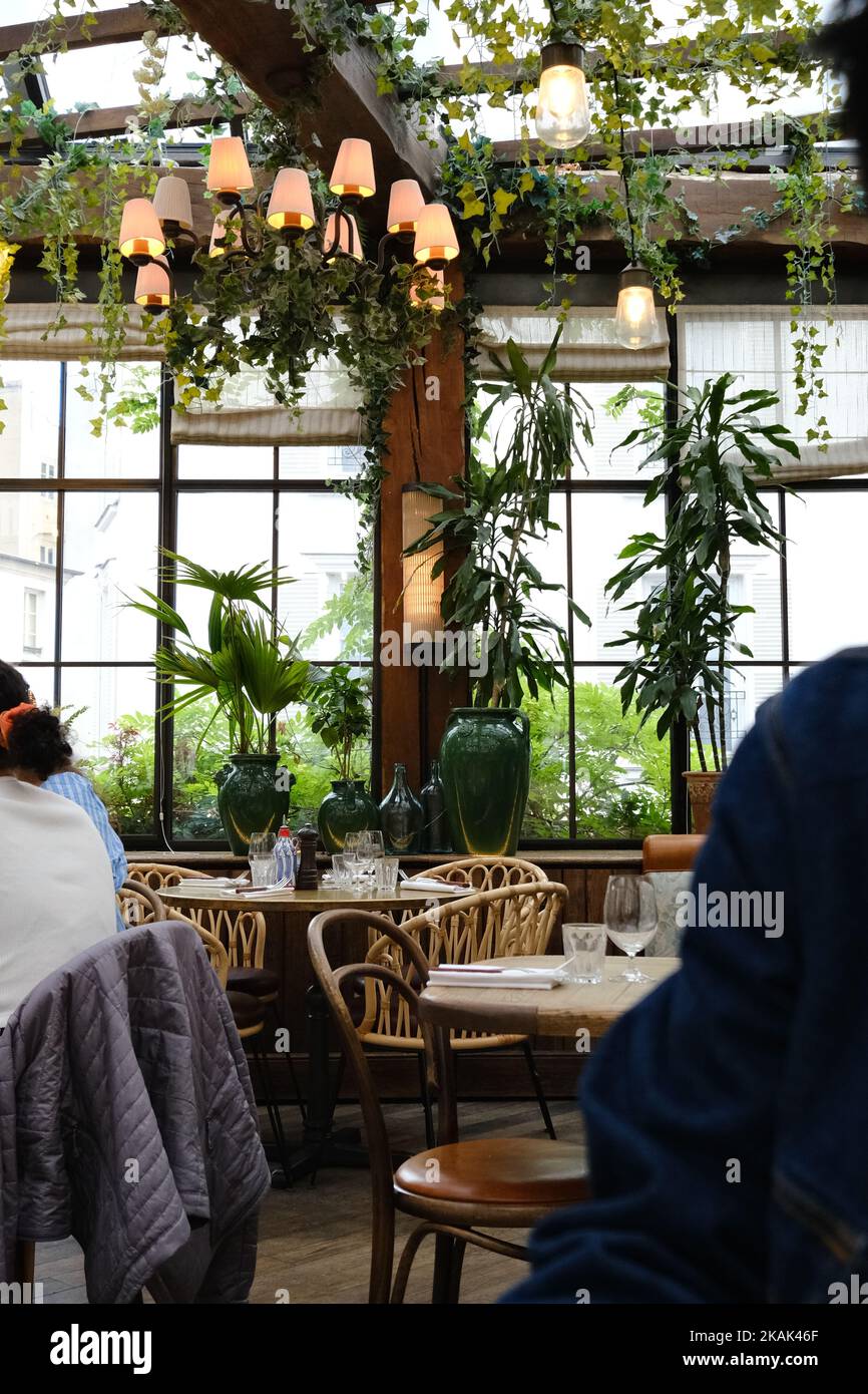 A vertical shot of a cute cafe interior with glass windows and green ...