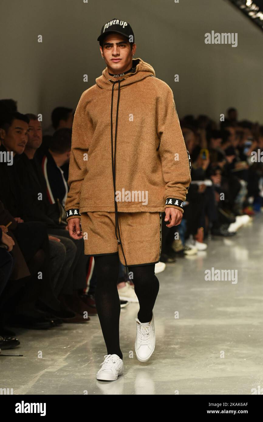 A model walk down the catwalk wearing Bobby Abbley AW17 collection ...