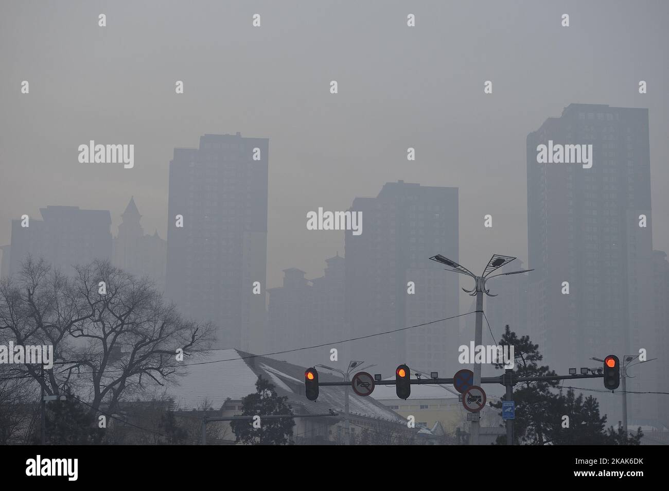 Buildings at Harbin are shrouded in heavy smog on Jan 8, 2017 in China ...