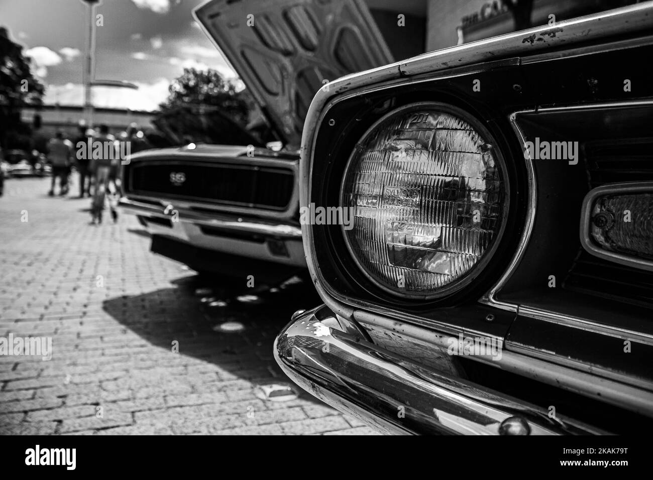 The grayscale view of classic cars parked side by side Stock Photo - Alamy
