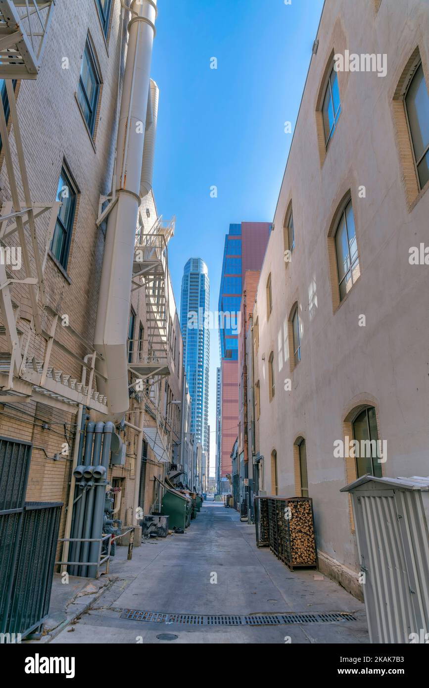View from back of modern apartment buildings with fire exits in Austin ...