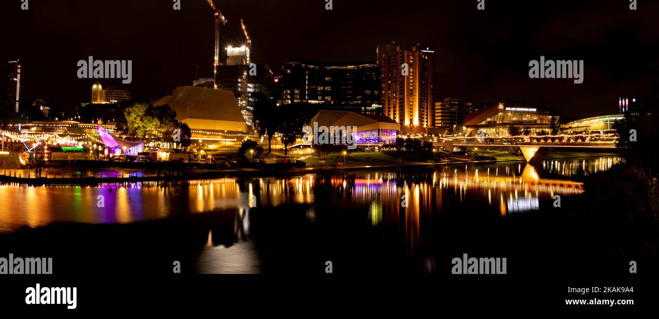 A panoramic view of the Adelaide at night overlooking the River Torrens ...