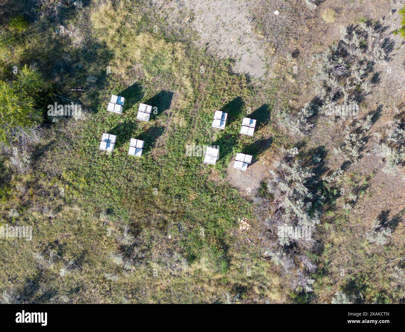 An aerial view of Wyoming Nature with White Bumble Honey Bee Boxes ...