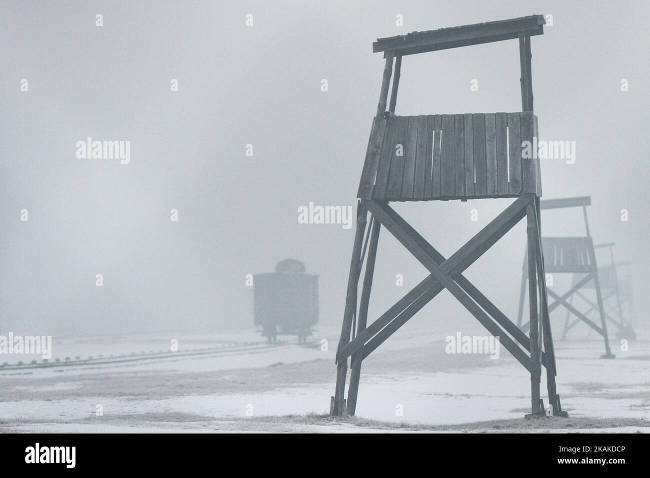 A view of the observation towers inside Auschwitz-Birkenau camp. The ...