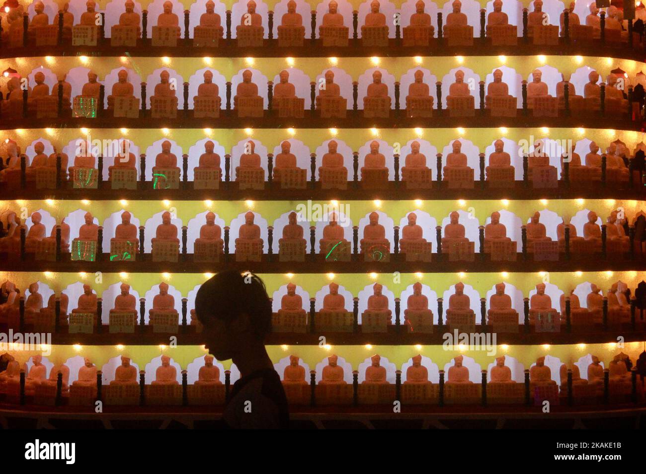 Visitor enjoying annual lighting display which showcases more than ...