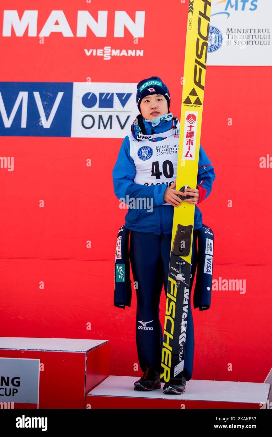 Ito Yuki of Japan celebrates on the podium after the FIS Ski Jumping ...