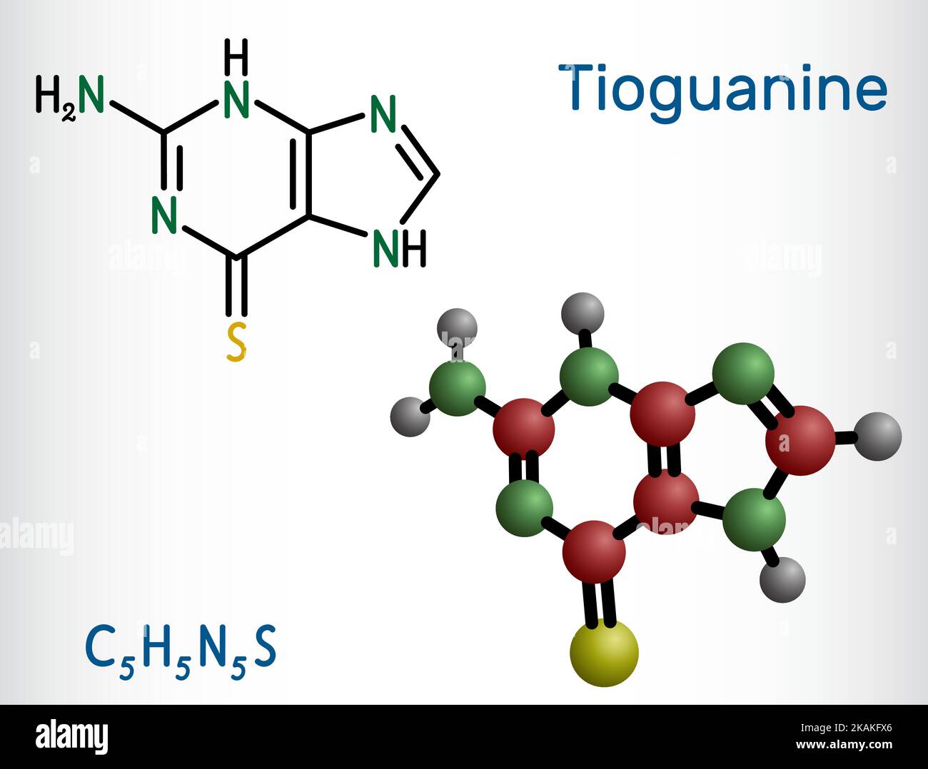 Tioguanine, thioguanine or 6-thioguanine molecule. It is purine ...