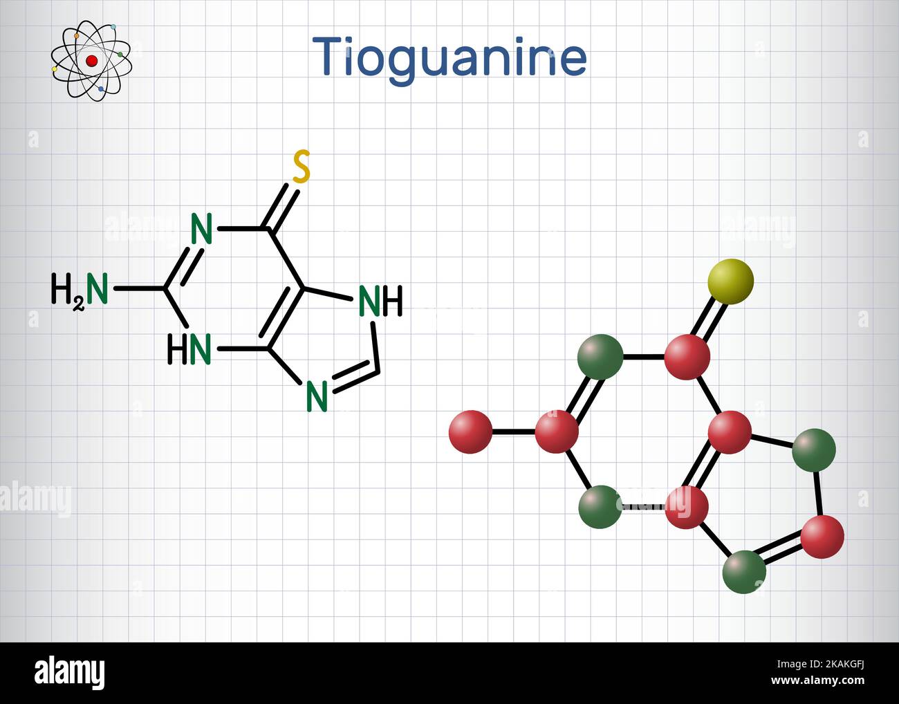 Tioguanine, thioguanine or 6-thioguanine molecule. It is purine ...
