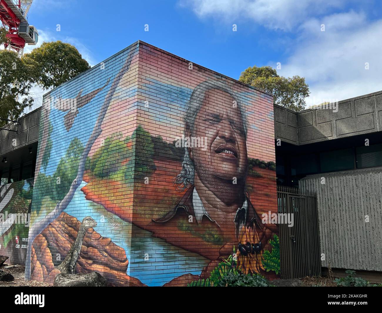 A graffiti ICAN Mural of Yami Lester on a brick wall in the suburb of ...
