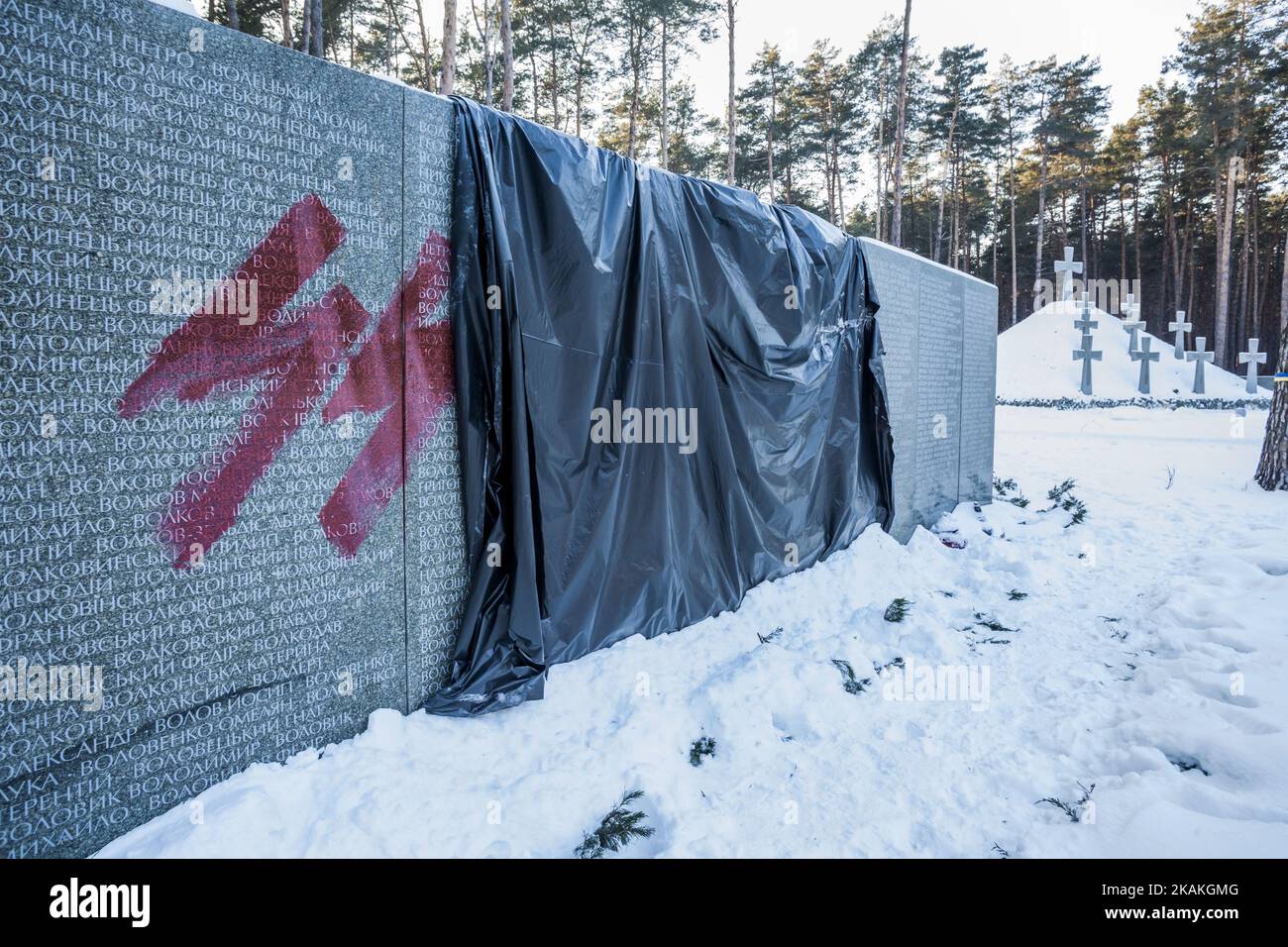 SS Nazi symbol painted on a memorial stone at the Bykivnia cemetery ...