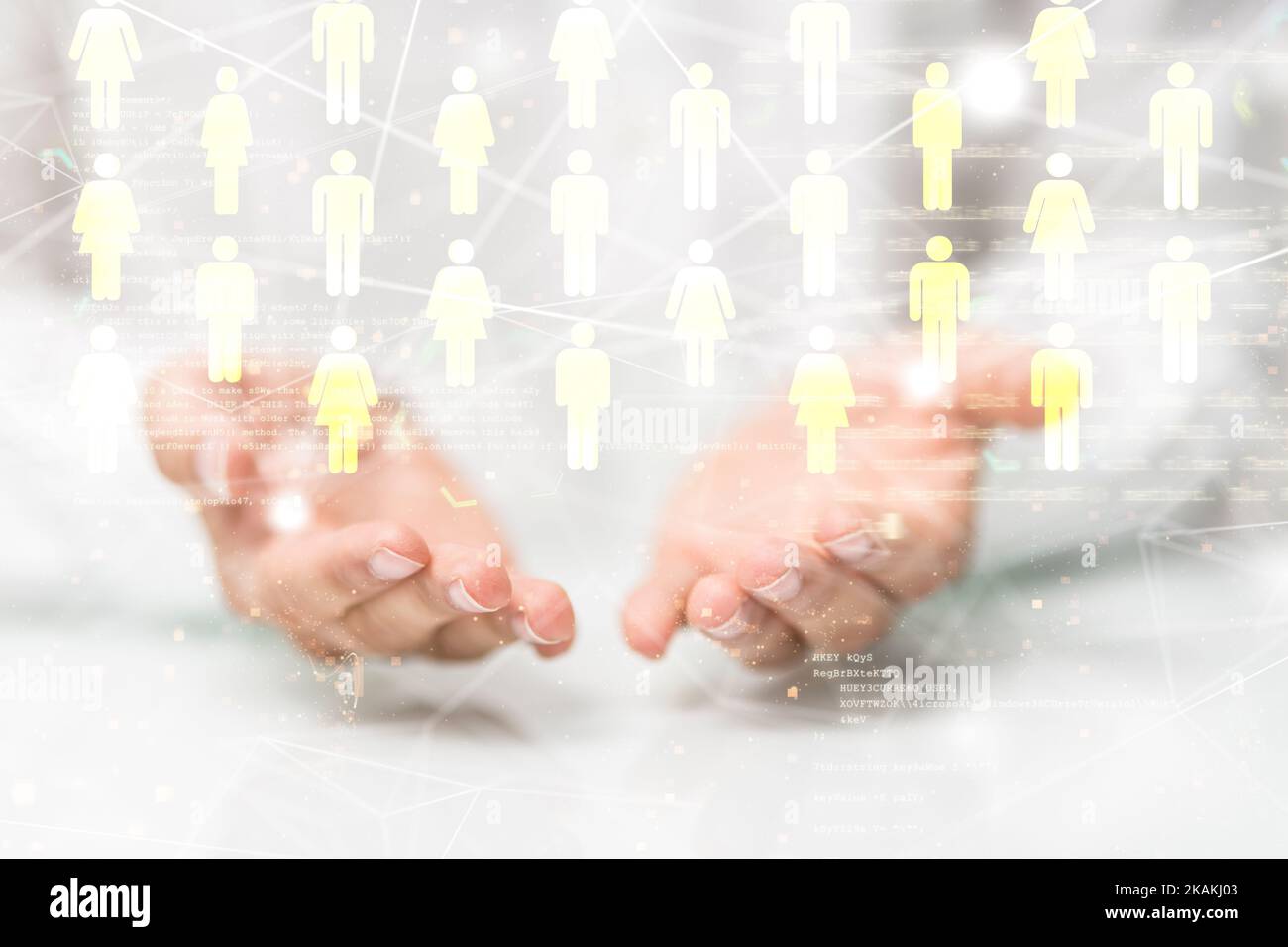 A man presenting 3D rendered people icons above his palms Stock Photo ...