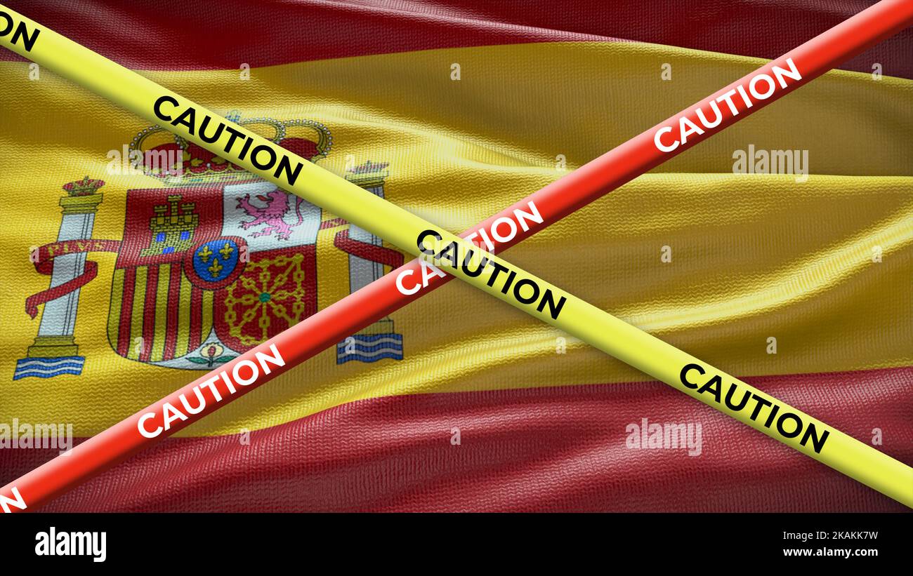 Spain country national flag with caution yellow tape. Issue in country ...