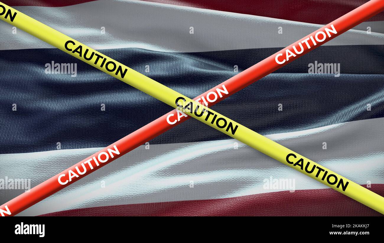 Thailand country national flag with caution yellow tape. Issue in ...