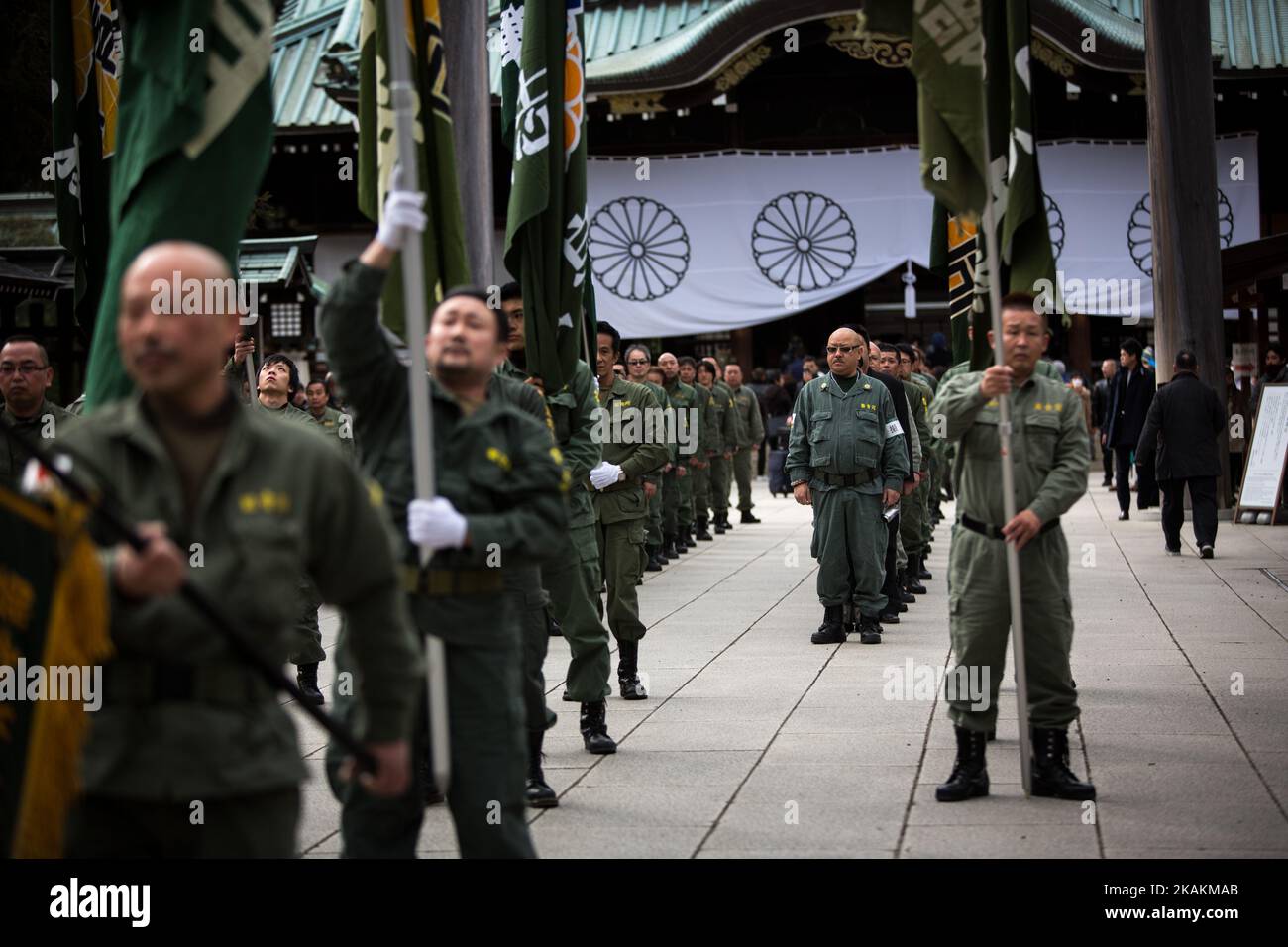 Nationalist group members gather in front of Yasukuni Shrine to ...
