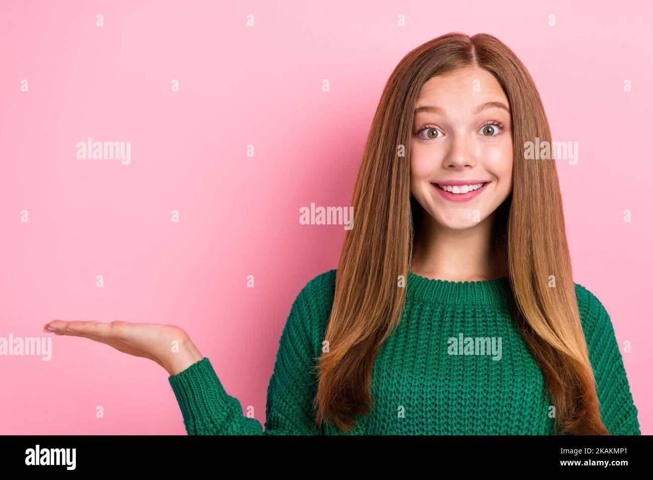 Closeup photo of young excited positive pretty girl brown hair toothy ...