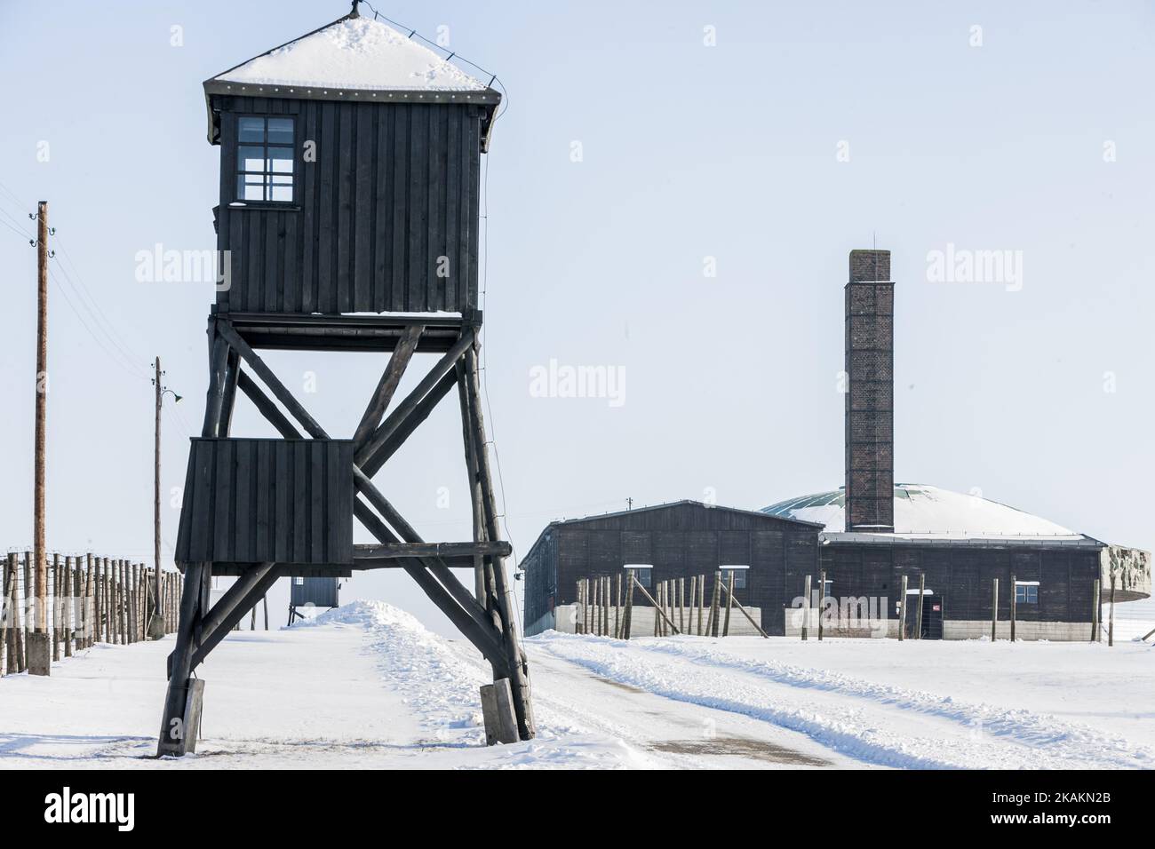 Surveillance tower near the crematorium building in former Majdanek ...
