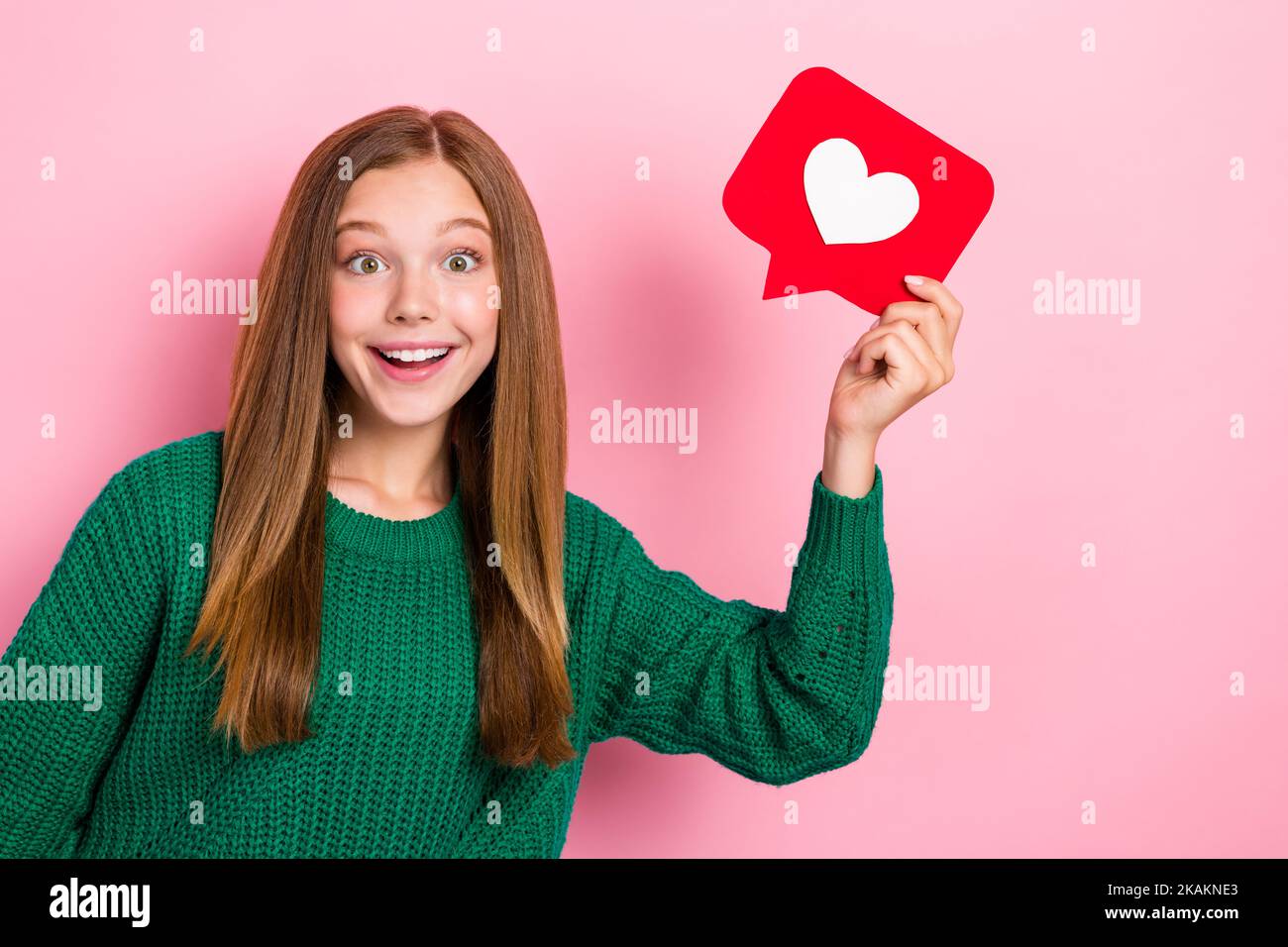 Photo portrait of lovely pupil girl excited hold social media heart ...
