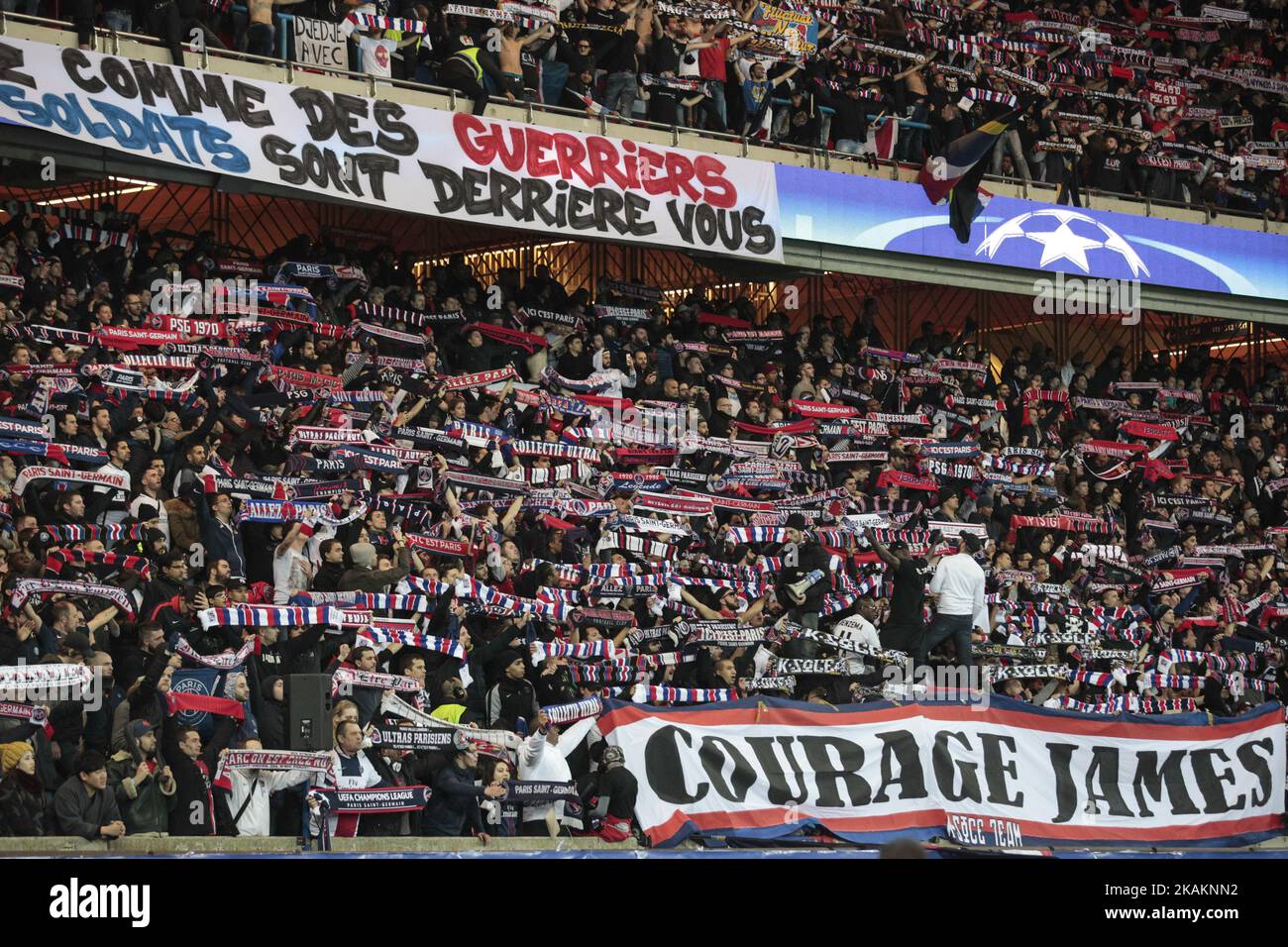 PSG fans during the UEFA Champions League round of 16 first leg ...
