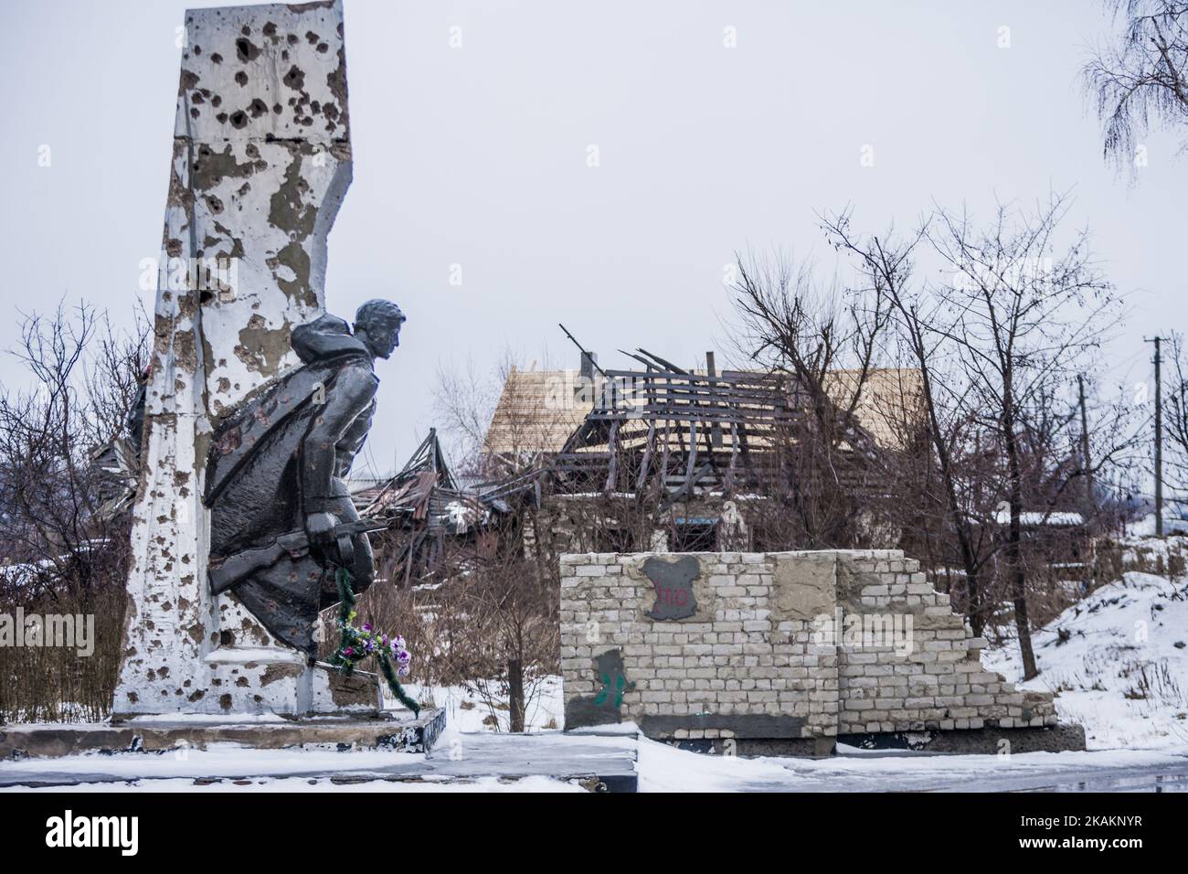 Soviet statue destroyed by artillery in Nikishyne on 15 February 2017 ...