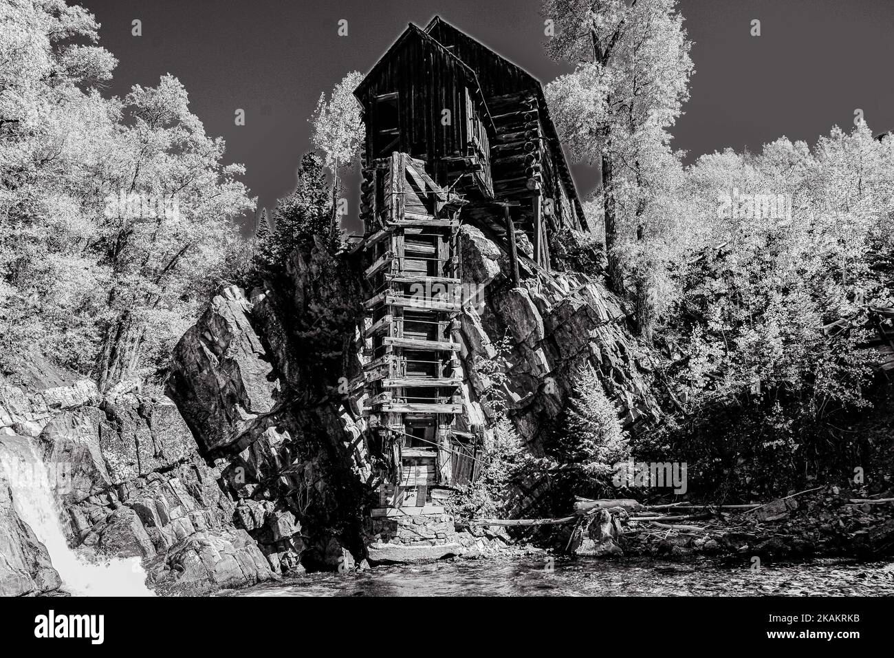 A black and white shot of the Crystal Mill wooden powerhouse in ...