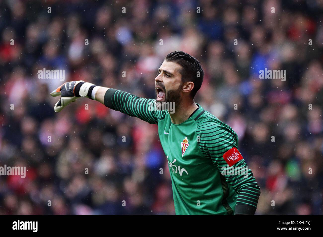 Ivan Cuellar goalkeeper of Sporting de Gijon (1) reacts during the La ...