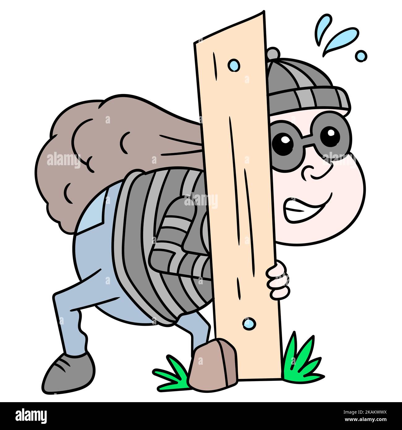A doodle of a thief cartoon character hiding with a bag of money Stock ...