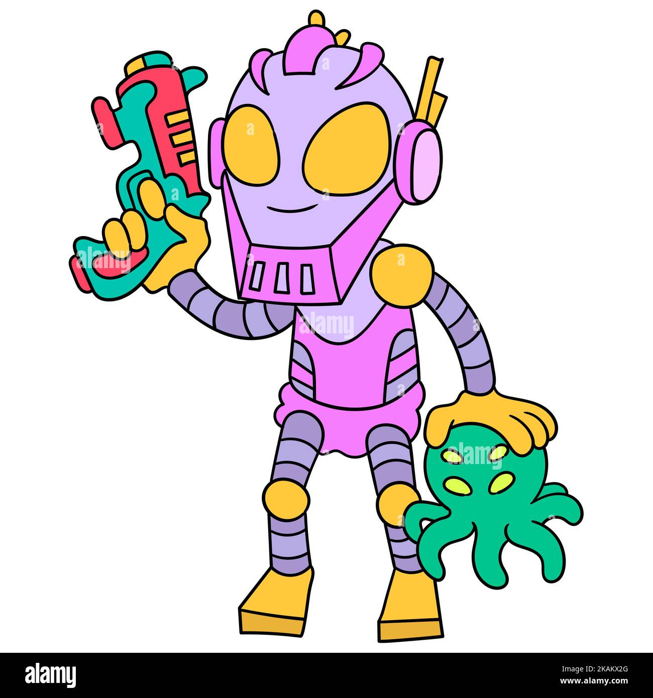 A doodle of an advanced robot carrying a alien hunter laser gun ...