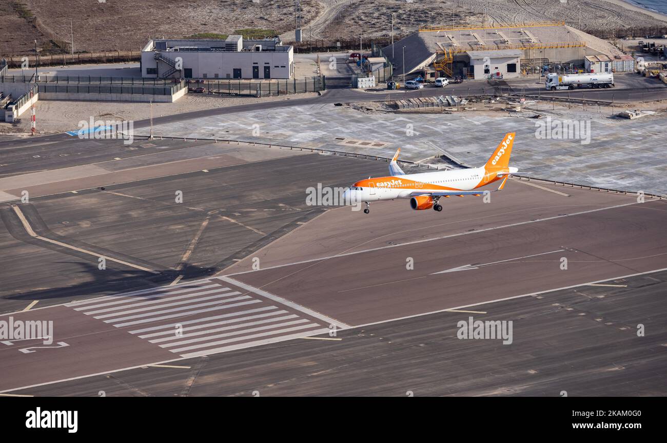 EasyJet Airplane landing to the airport during sunny morning. Aerial ...