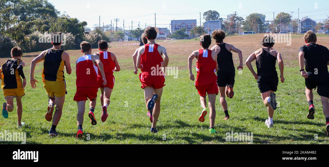 Rear view of the start of a boys cross country 5K running race on a ...