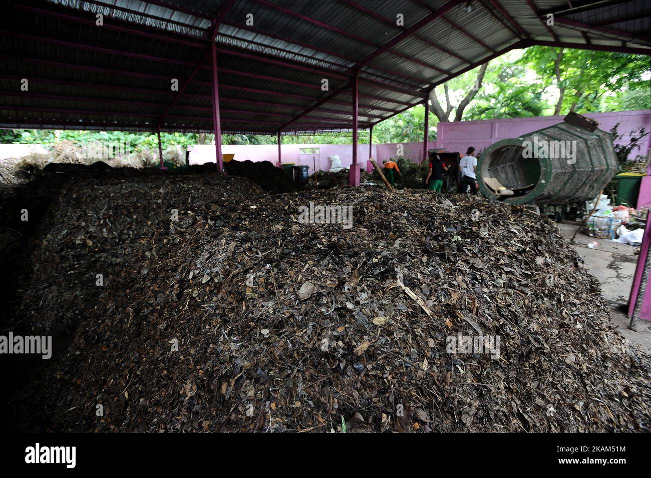 Workers work in compost house. Compost houses reduce a large amount of ...