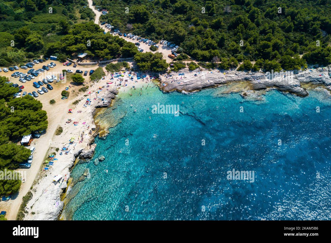 An aerial shot of a beautiful beach surrounded by greenery in ...
