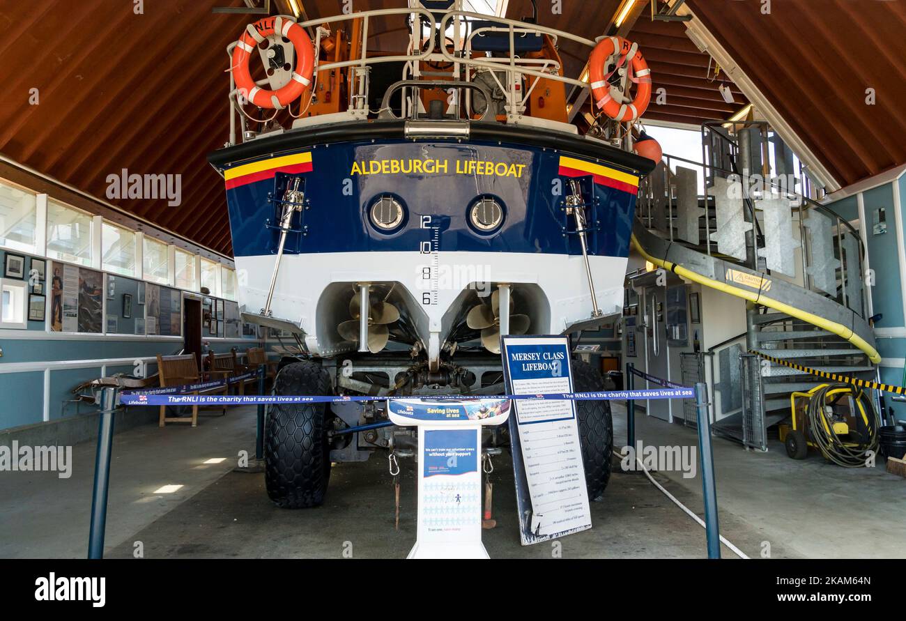 Aldeburgh Mersey class lifeboat resting on launching trailer in sation ...