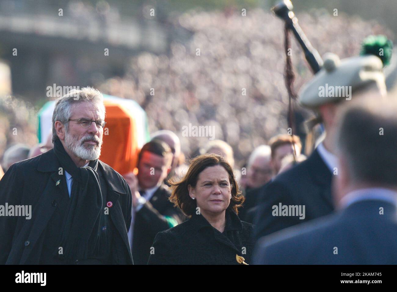 Sinn Fein President Gerry Adams and Mary Lou McDonald walk in front of ...