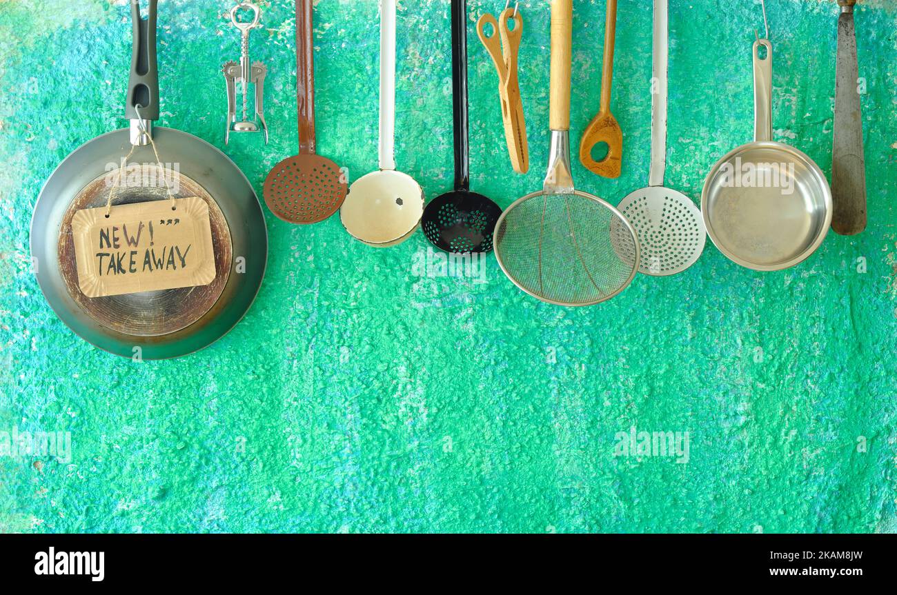 various restaurant kitchen utensils and take away sign, delivery ...