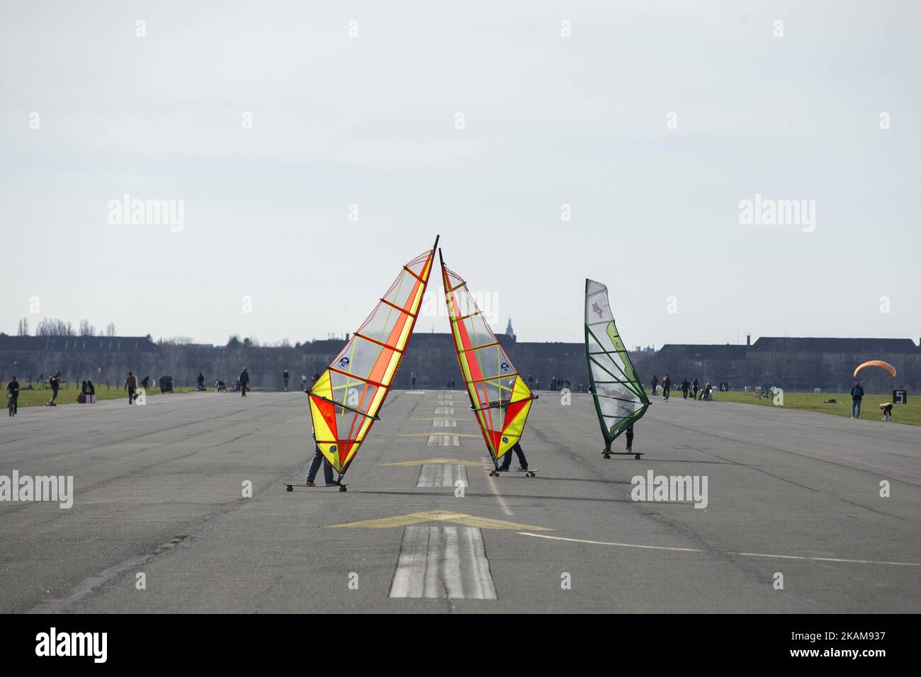 People are pictured as they practice land windsurfing at the ...