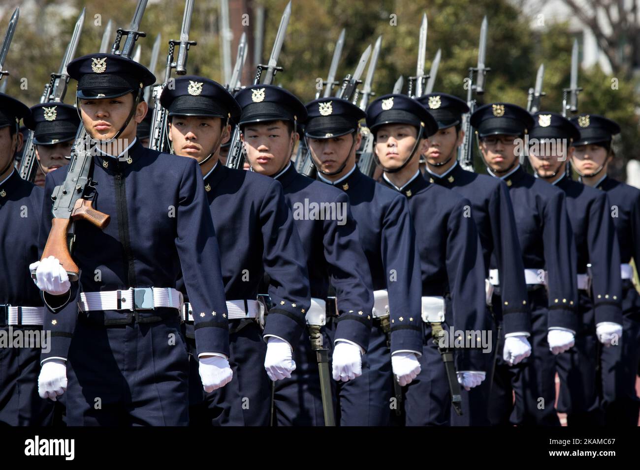 Japanese cadets march during the entrance ceremony of new students at ...